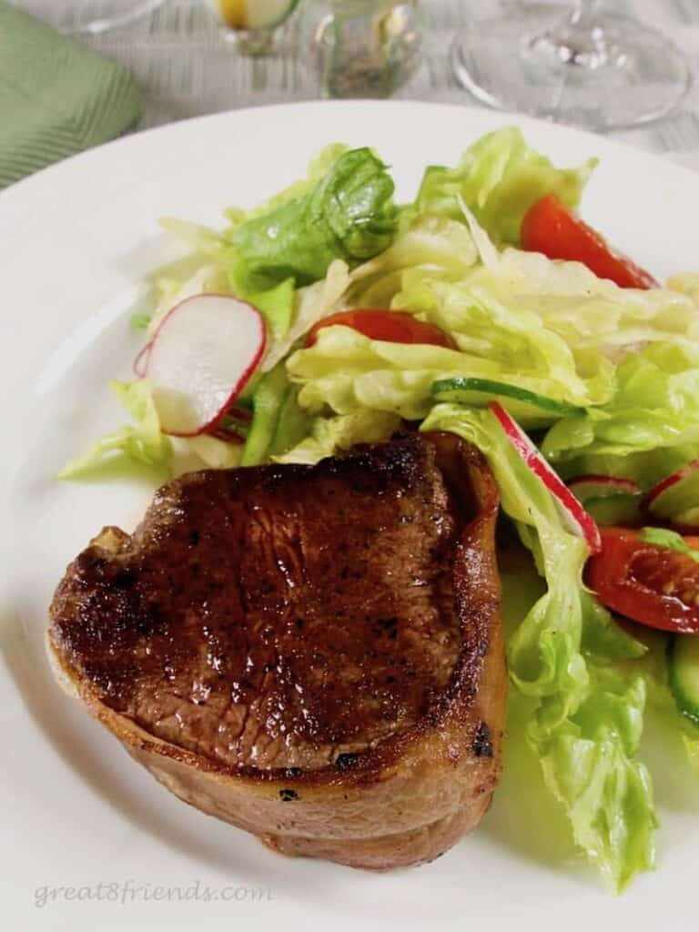 Bacon Wrapped Pan Seared Filet Mignon Steaks - Great Eight Friends